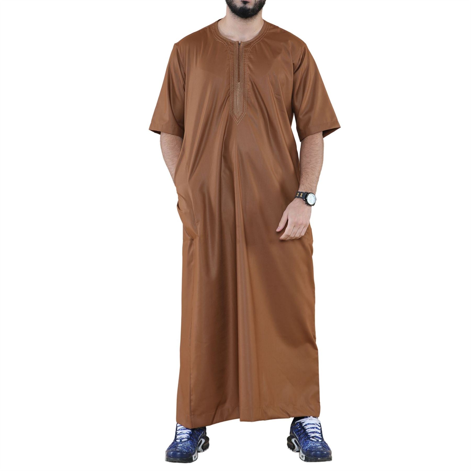 Mens Thobe Jubba Islamic Clothing Kaftan Half Sleeve Robe Moroccan Ara ...