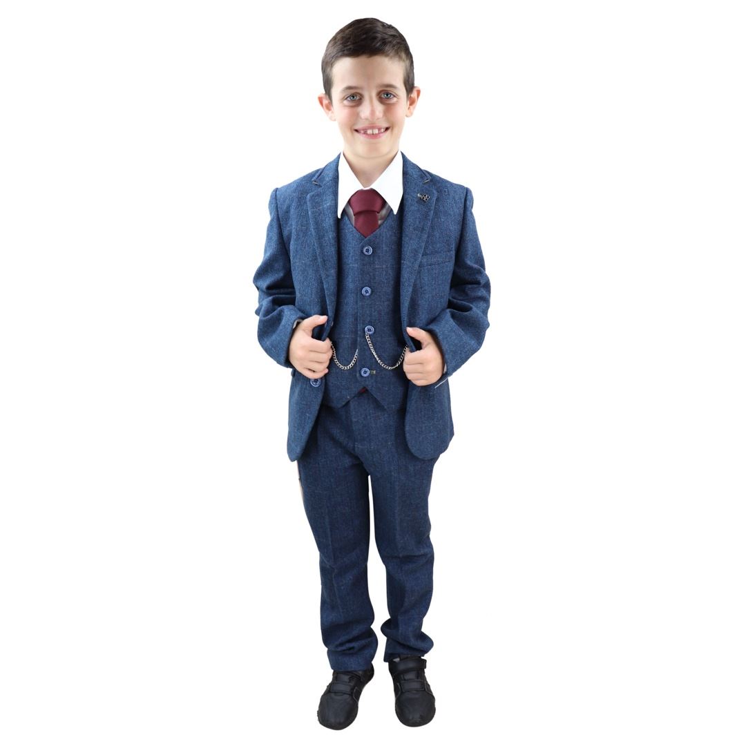 Boys 3 Piece Navy Blue Suit Tweed Check Blinders Tailored Fit Vintage ...