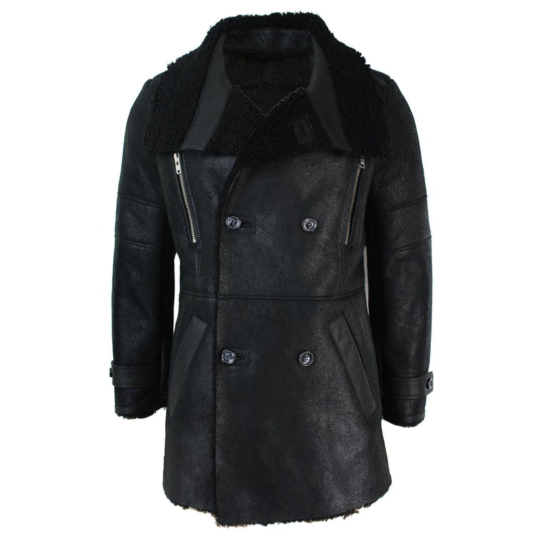 Mens Black 3/4 Military Real Sherling Sheepskin Batman Bane Double Bre ...